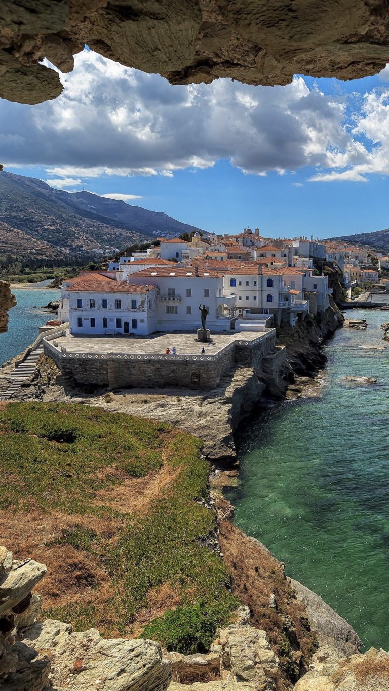 View from a ruin on town of Chora in Andros island, Cyclades, Greece ...