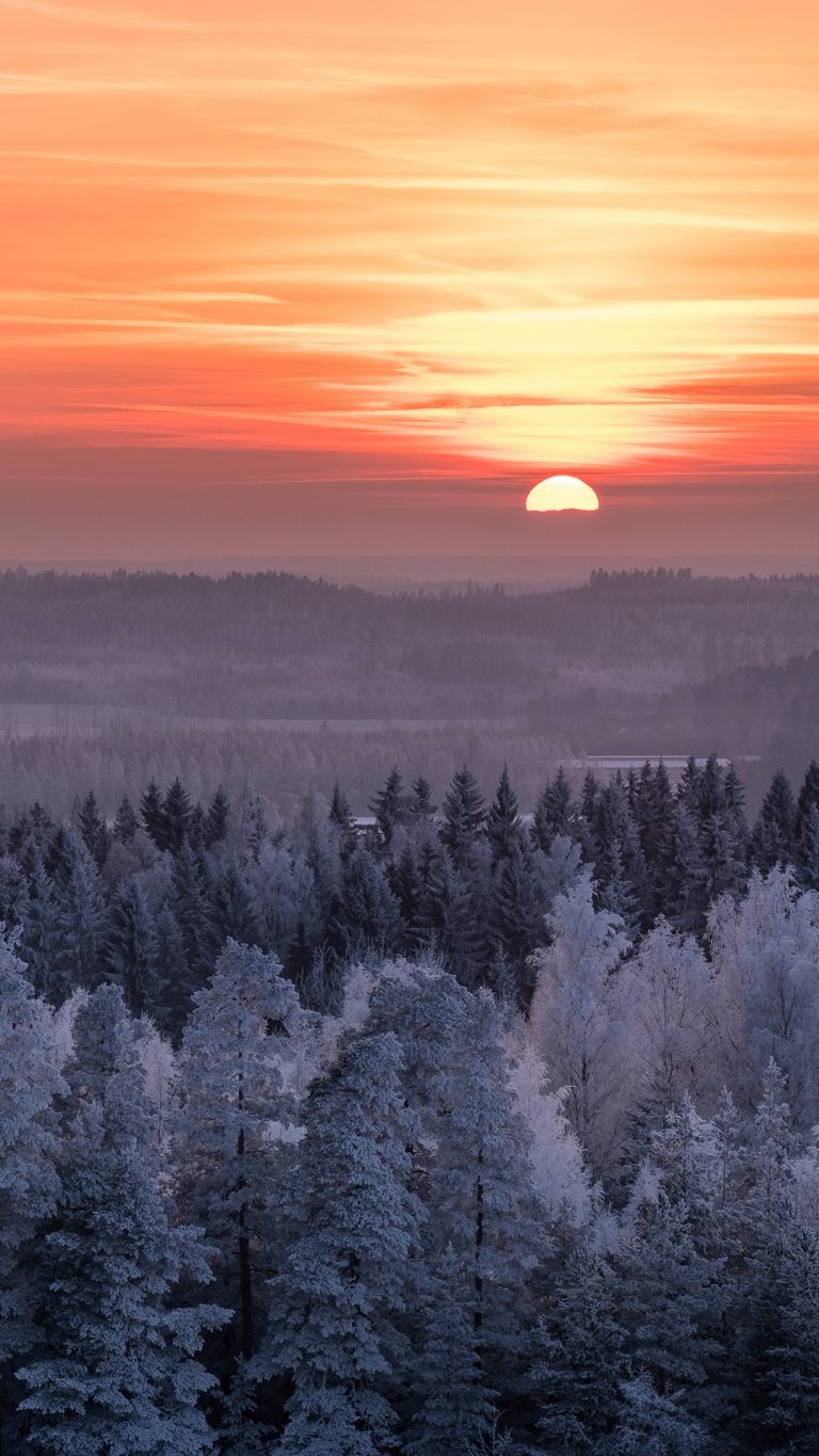 Winter landscape with frosty trees and sunset in evening, Hyvinkää ...