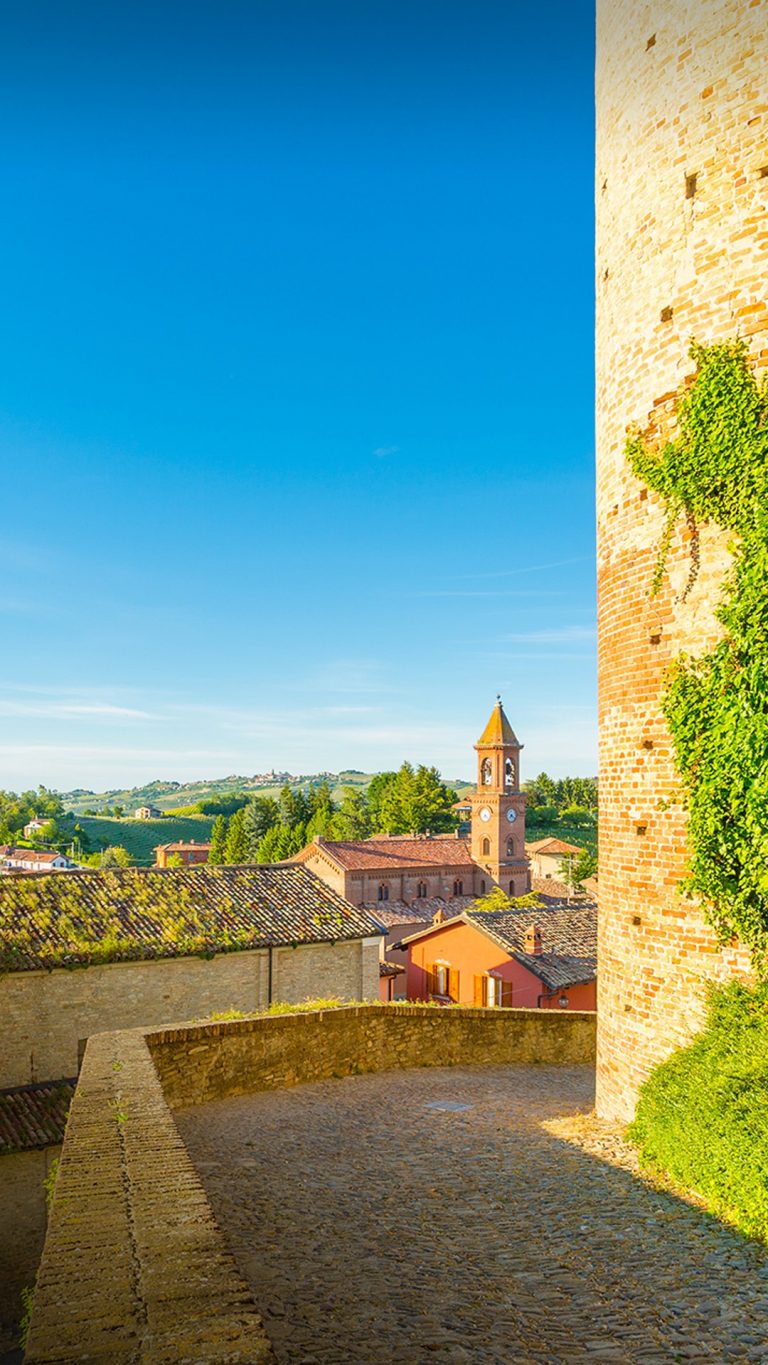 Serralunga d'Alba castle, medieval village in Piedmont, Langhe, north ...