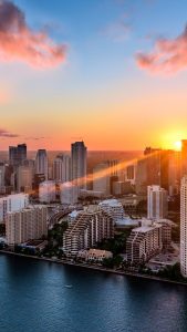 View across Brickell Key, Miami River and Downtown Miami, Florida, USA ...