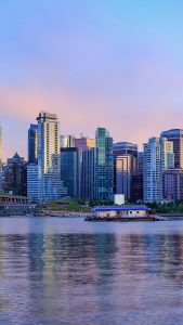 Panoramic view of Vancouver skyline at sunset, British Columbia, Canada ...