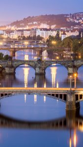 Bridges over Vltava River in an hour before sunrise, Prague, Czech ...