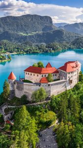 Aerial panoramic view of Bled Castle (Blejski Grad) with Lake Bled ...