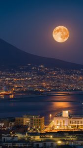 Full moon rises above Mount Vesuvius, Naples and Bay of Naples, Italy ...