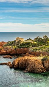 Red rocks coast and sea at the French Riviera in Côte d'Azur near ...