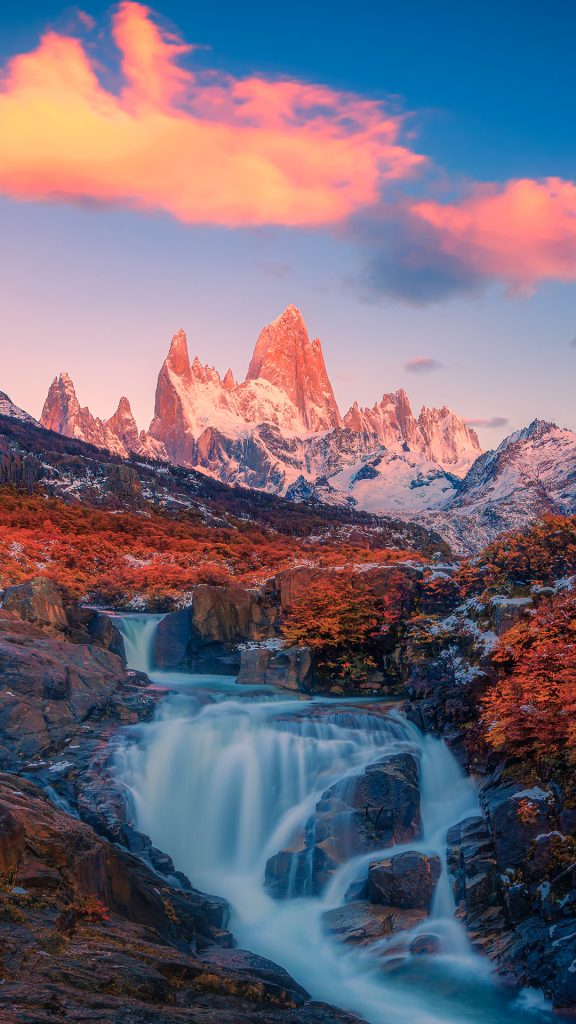 Mountains waterfall, Sendero Al Fitz Roy, El Chalten, Los Glaciares ...